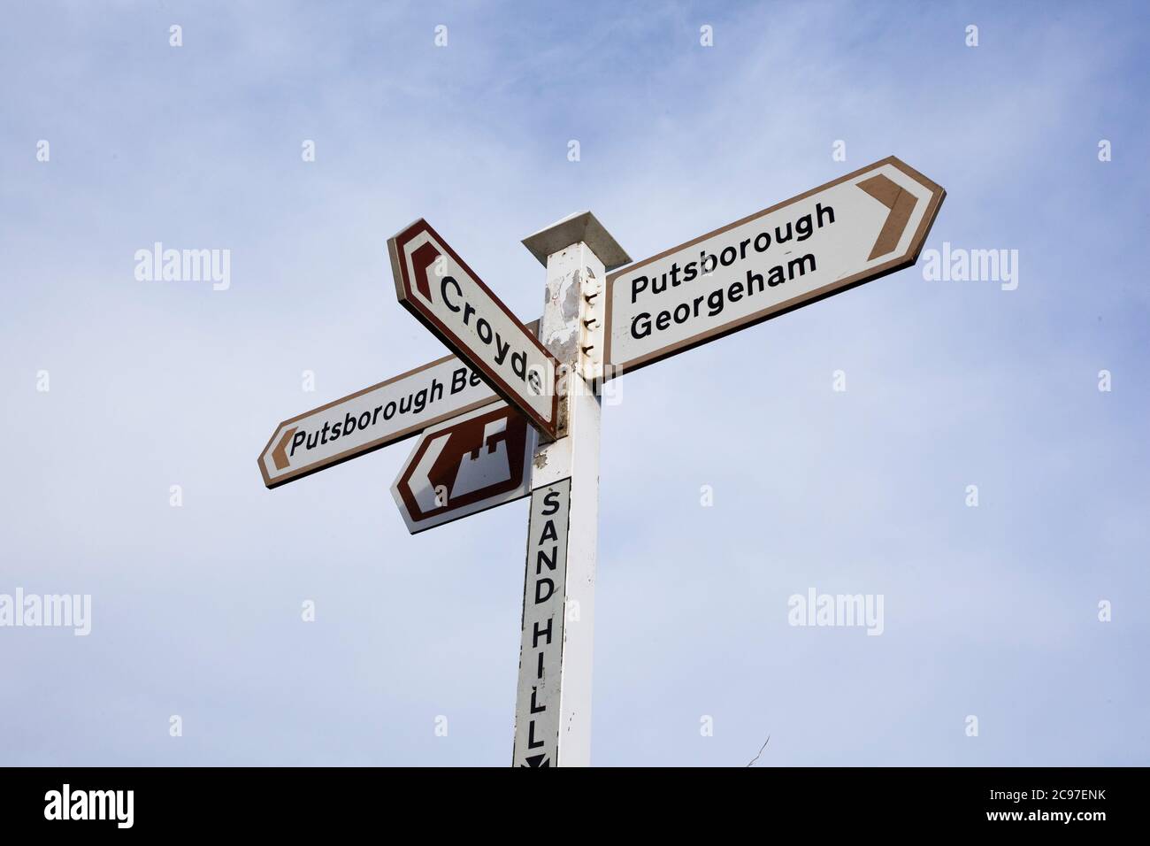 Sign poast indicating beaches and directions,North Devon coastline, UK ...