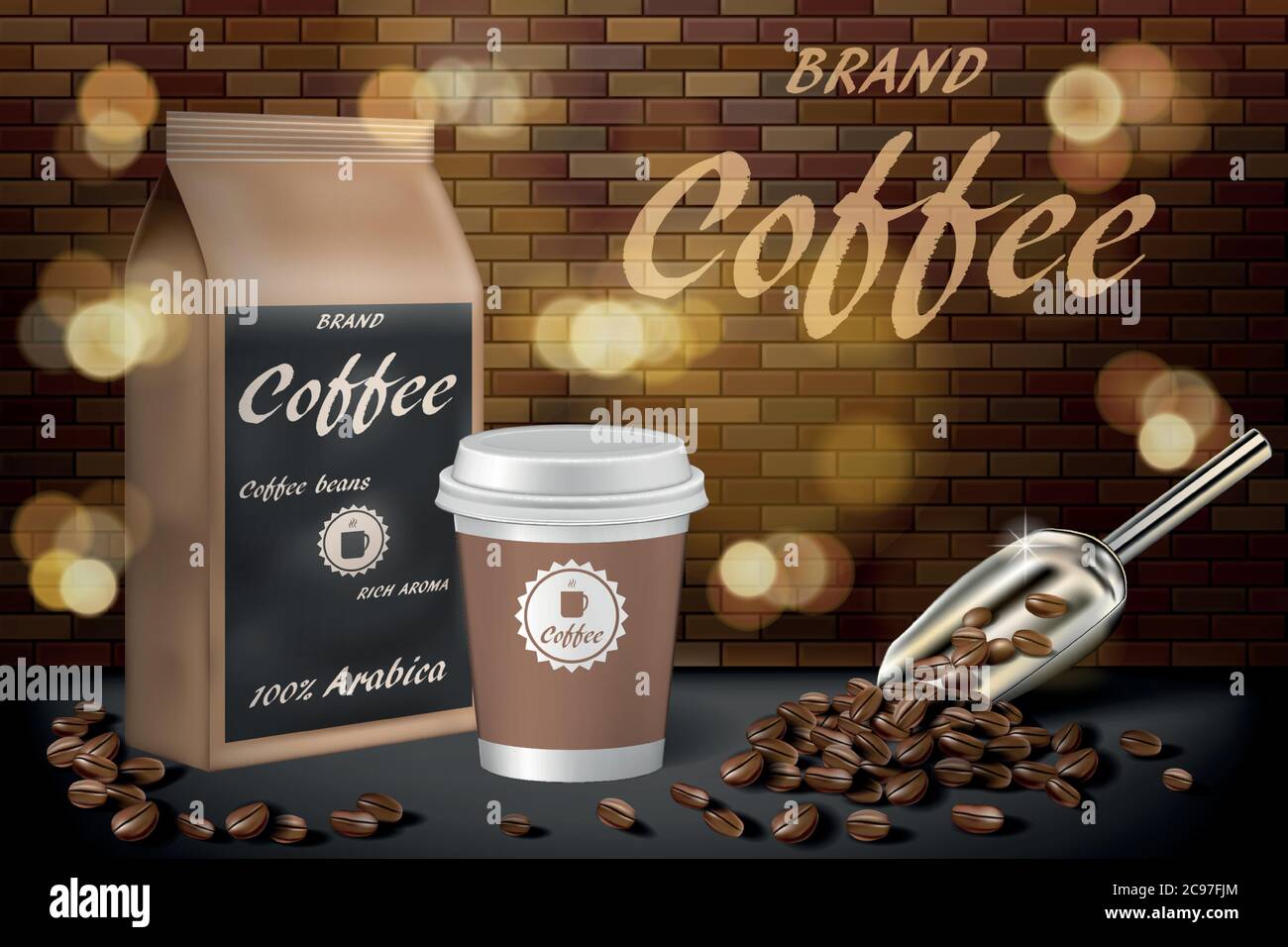 Coffee paper cup with beans ads. 3d illustration of hot arabica coffee ...