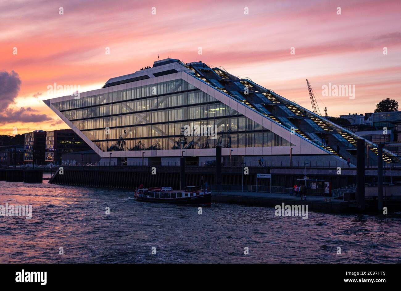 Dockland modern office building during sunset. In the harbour of ...