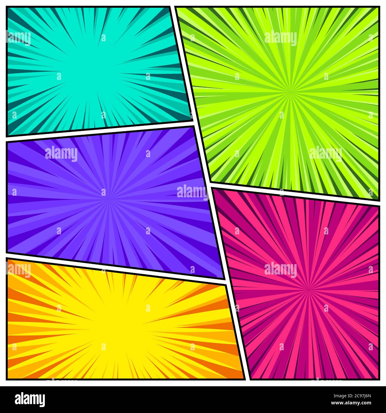 Cartoon comic backgrounds set. Comics book colorful poster with radial ...