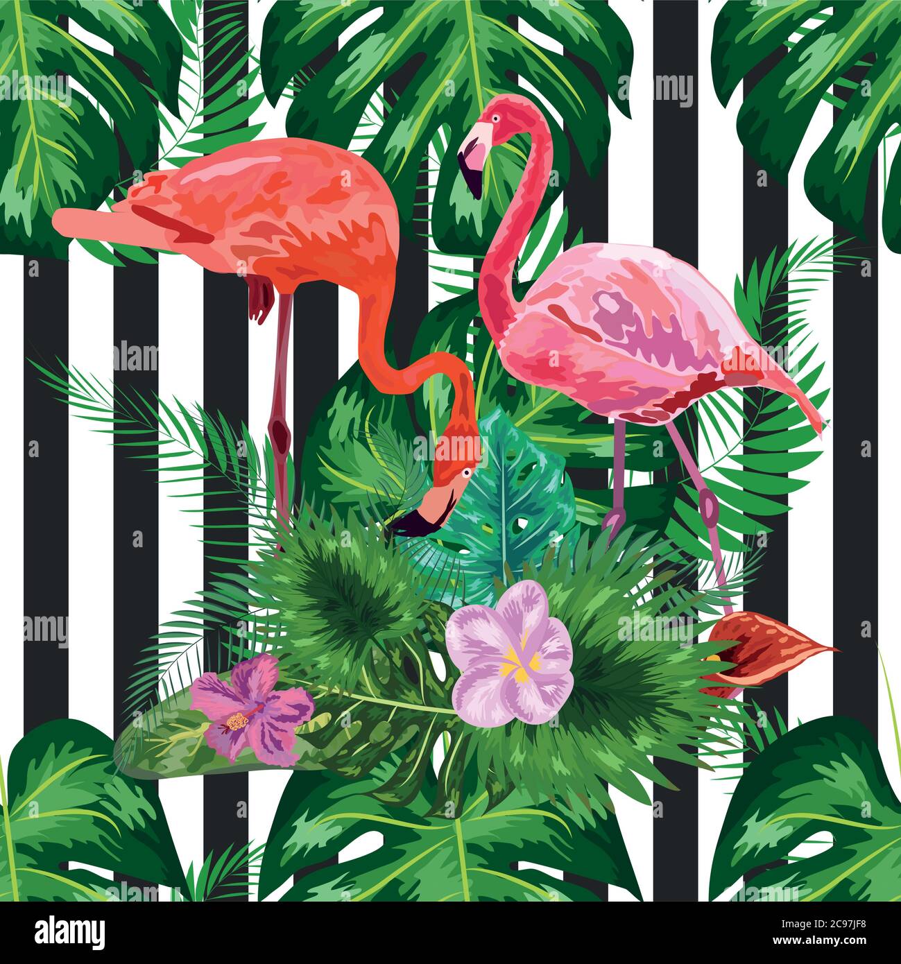 Seamless pattern with dark blue grunge stripes and pink flamingo. Pink ...