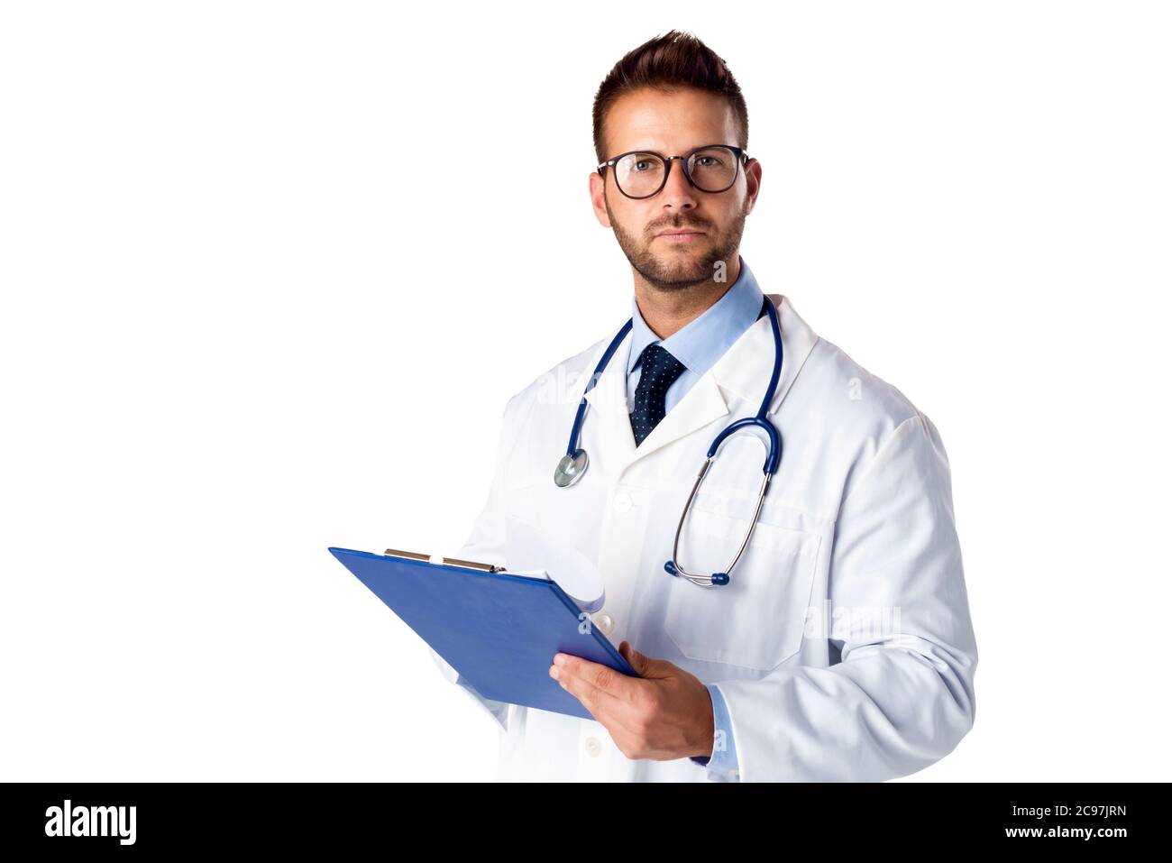 Portrait shot of smiling male doctor holding clipboard in his hand ...