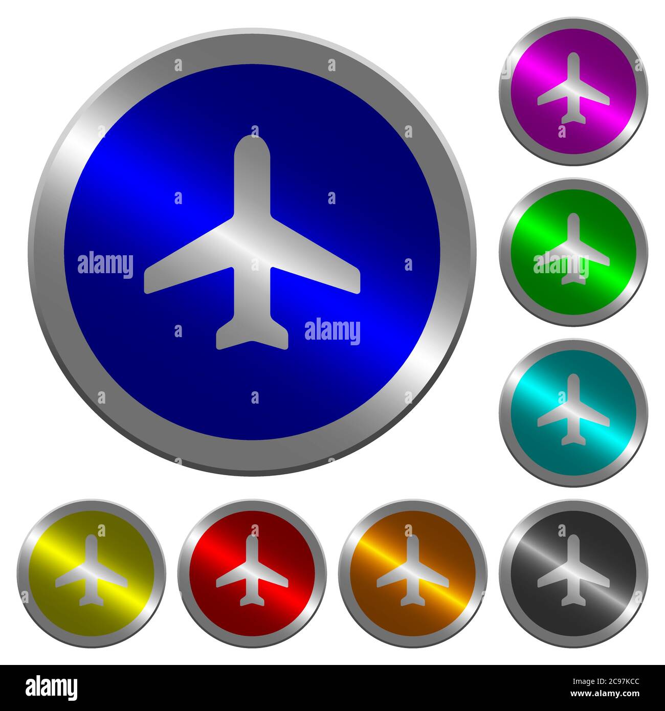 Airplane icons on round luminous coin-like color steel buttons Stock ...