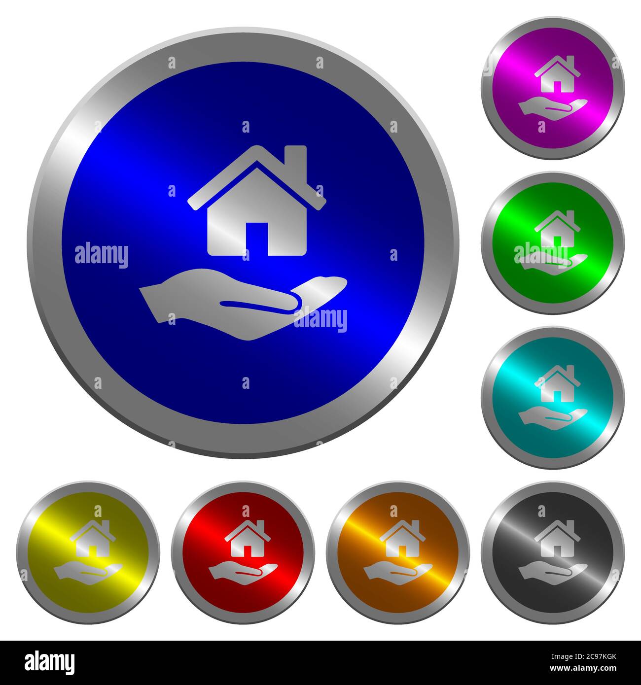 Home insurance icons on round luminous coin-like color steel buttons ...
