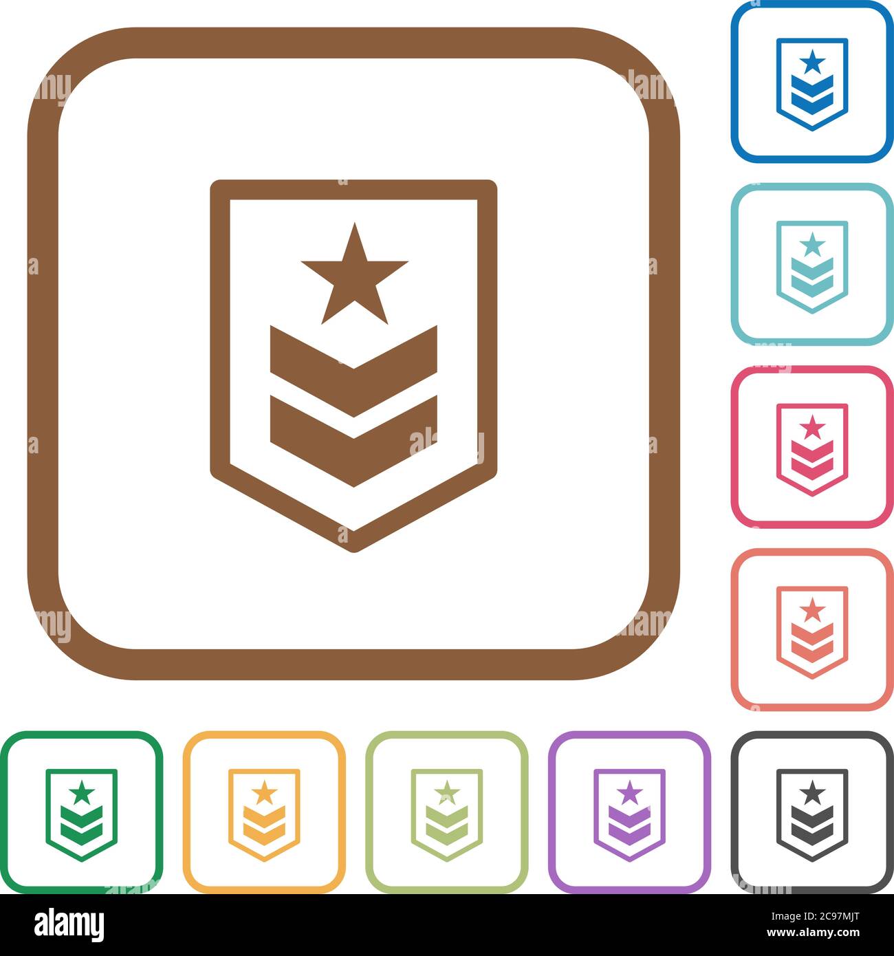 Military rank simple icons in color rounded square frames on white ...