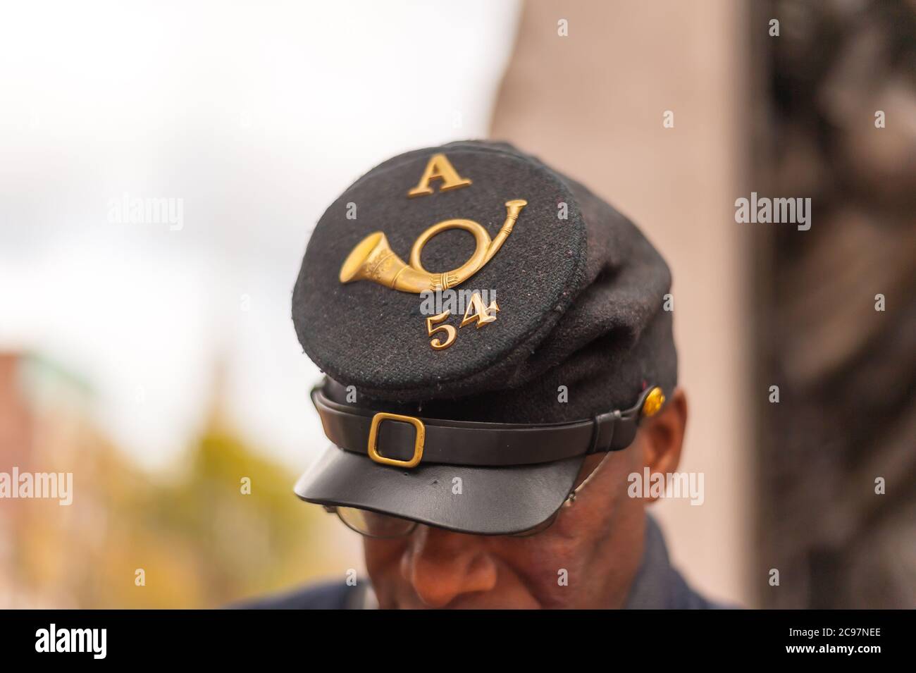 Closeup of the hat on a member of the 54th Massachusetts Regiment ...