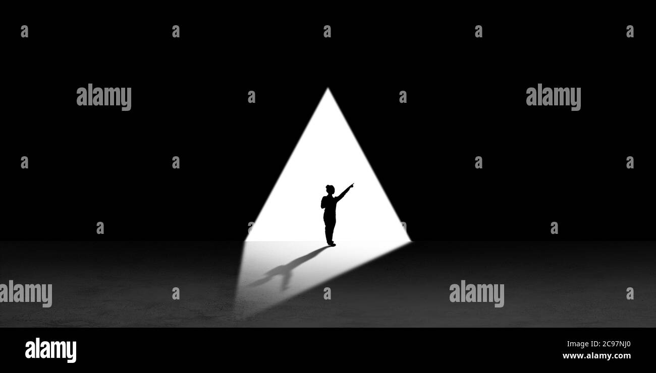 Silhouette of man walking in the night toward the light, view from ...