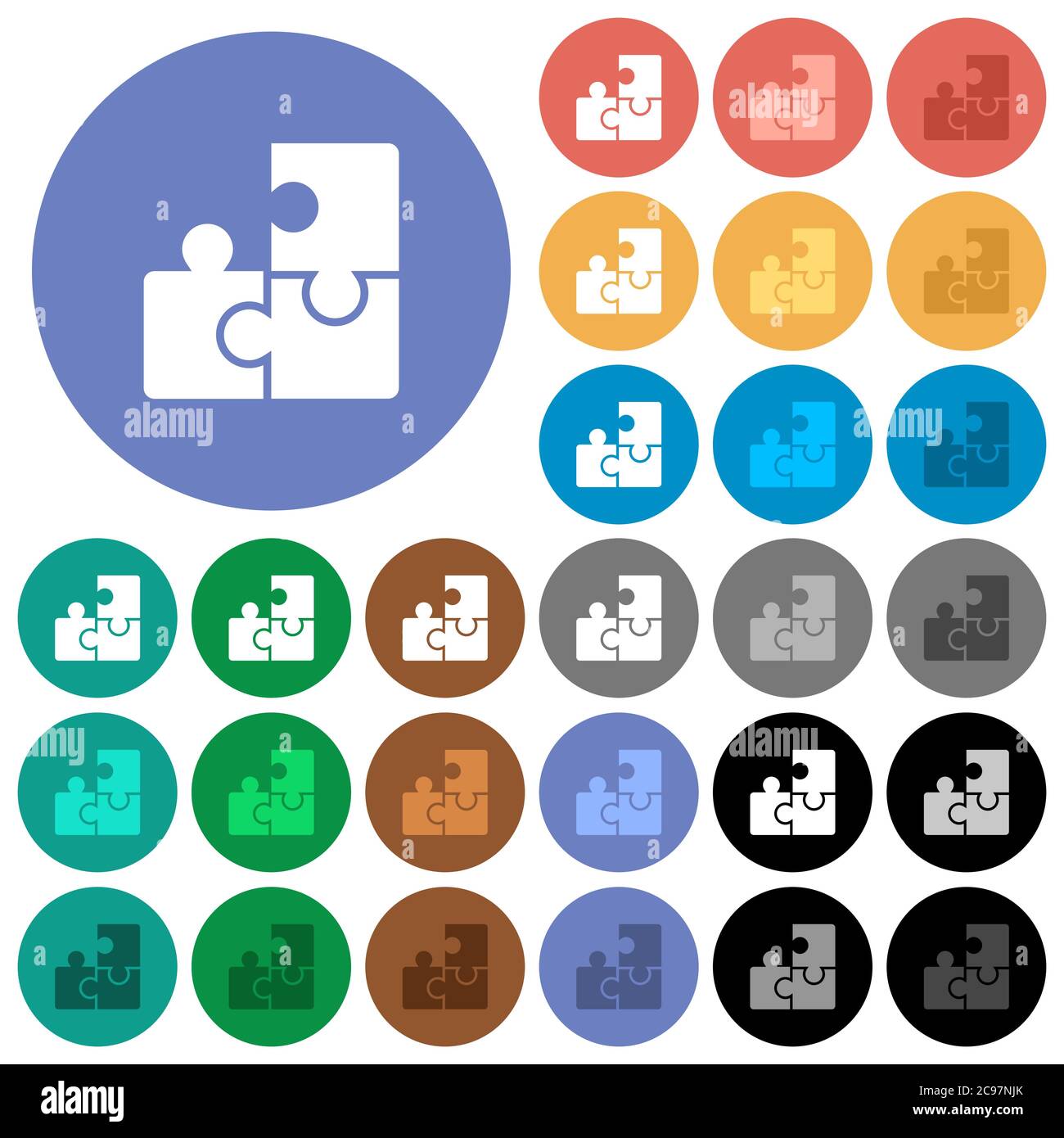 Puzzles multi colored flat icons on round backgrounds. Included white ...