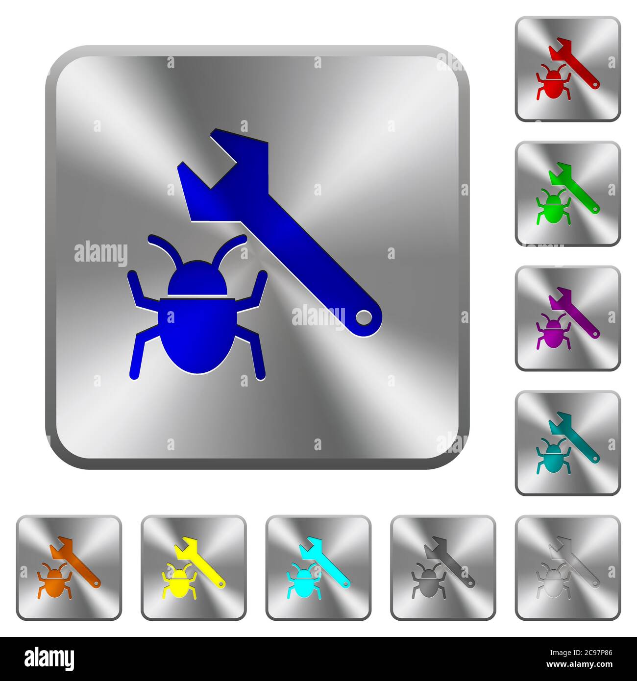 Bug fixing engraved icons on rounded square glossy steel buttons Stock ...