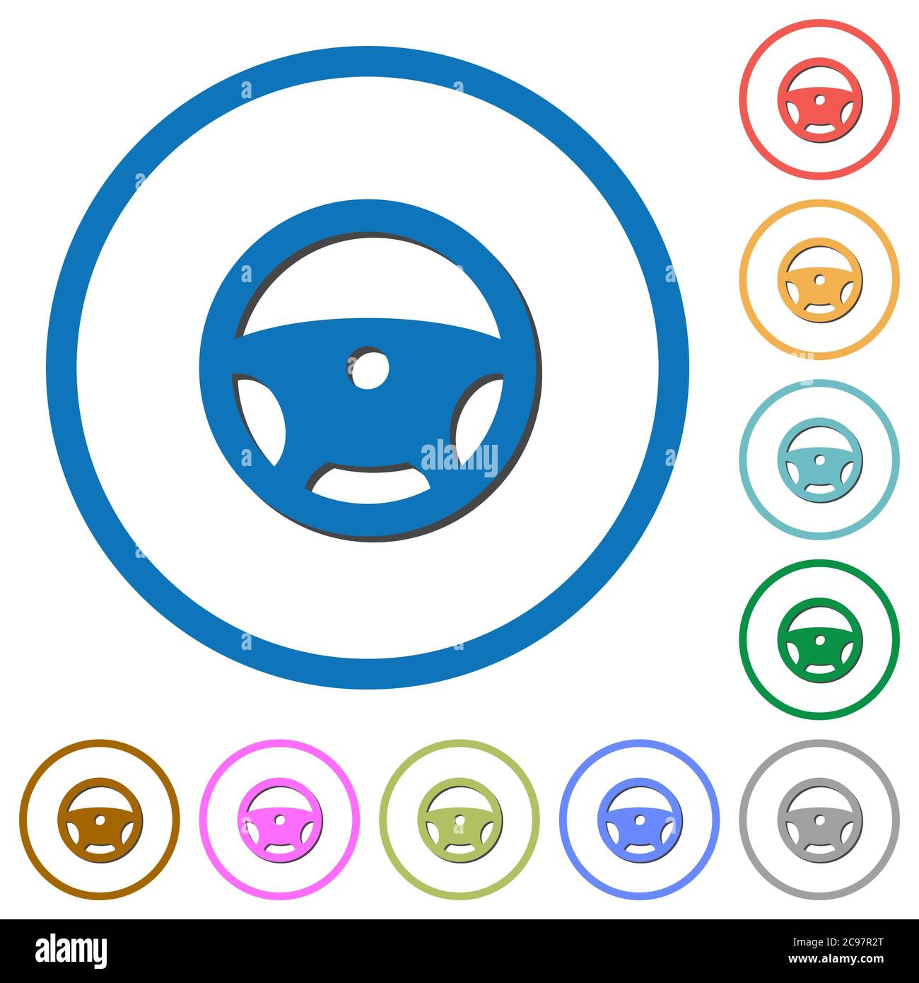 Steering wheel flat color vector icons with shadows in round outlines ...