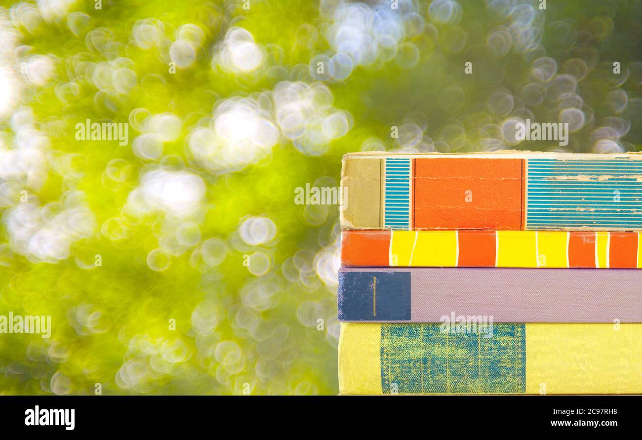 row of books against blurred nature background, free copy space Stock ...