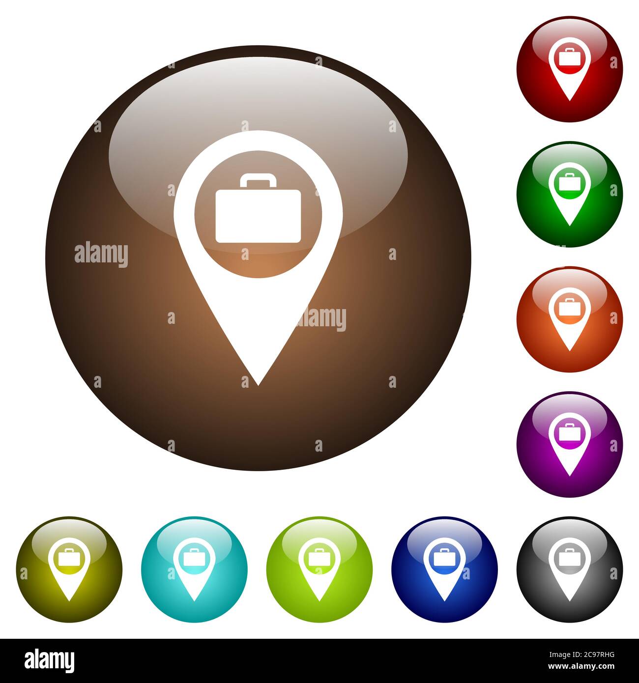 Baggage storage GPS map location white icons on round color glass ...