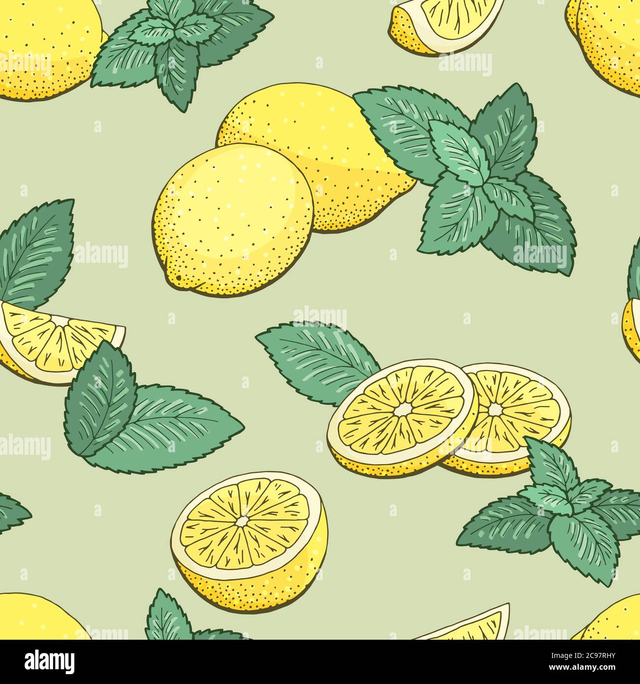 Lemon fruit mint herb graphic color seamless pattern background sketch ...