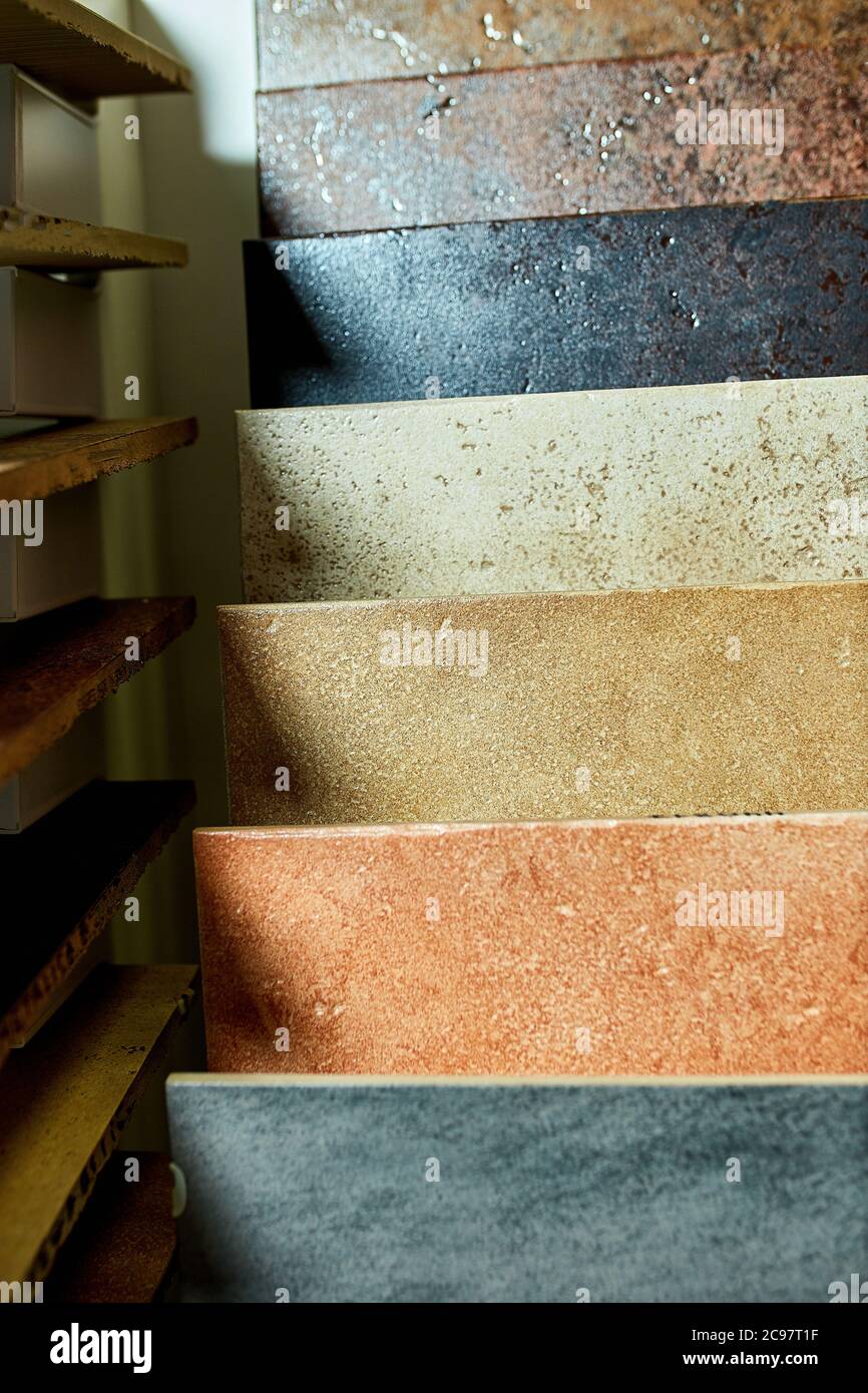 Various decorative tiles samples. Colorful samples of a stone tile in ...