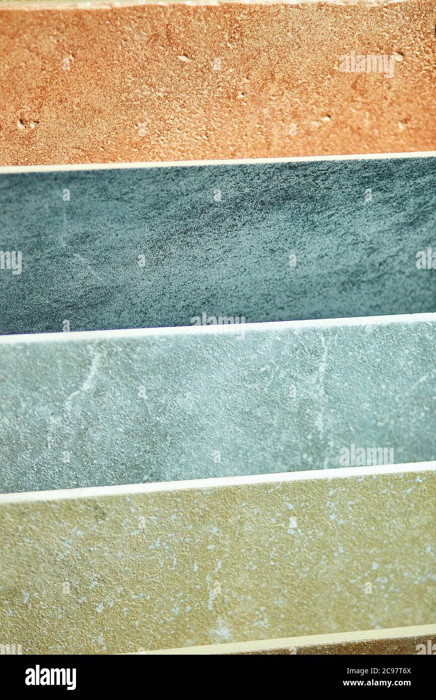 Various decorative tiles samples. Colorful samples of a stone tile in ...