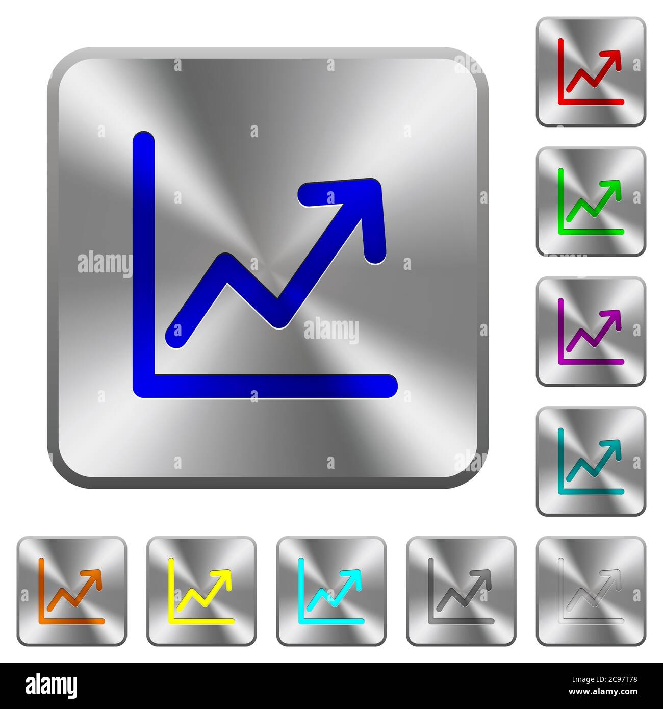 Line graph engraved icons on rounded square glossy steel buttons Stock ...