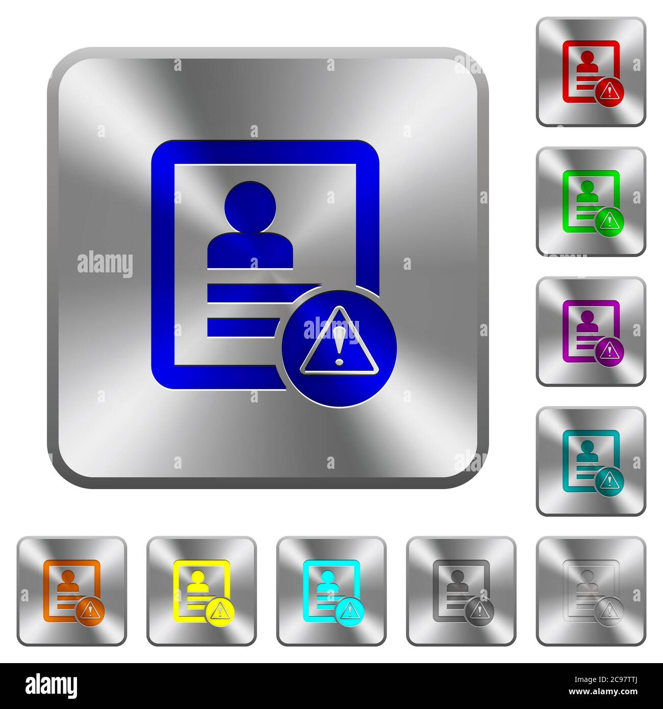Contact warning engraved icons on rounded square glossy steel buttons ...