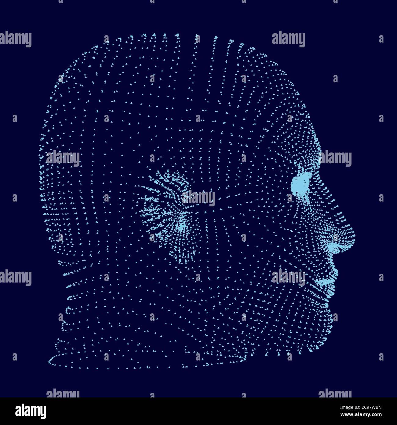 A man head made up of many particles. Side view. Human head projection ...