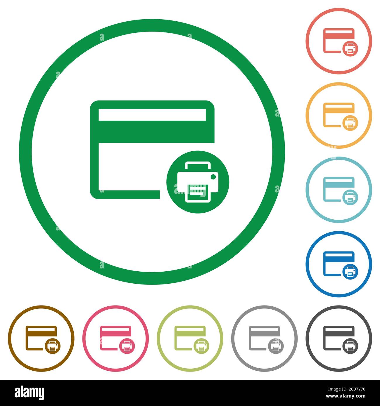 Credit card print record flat color icons in round outlines on white ...