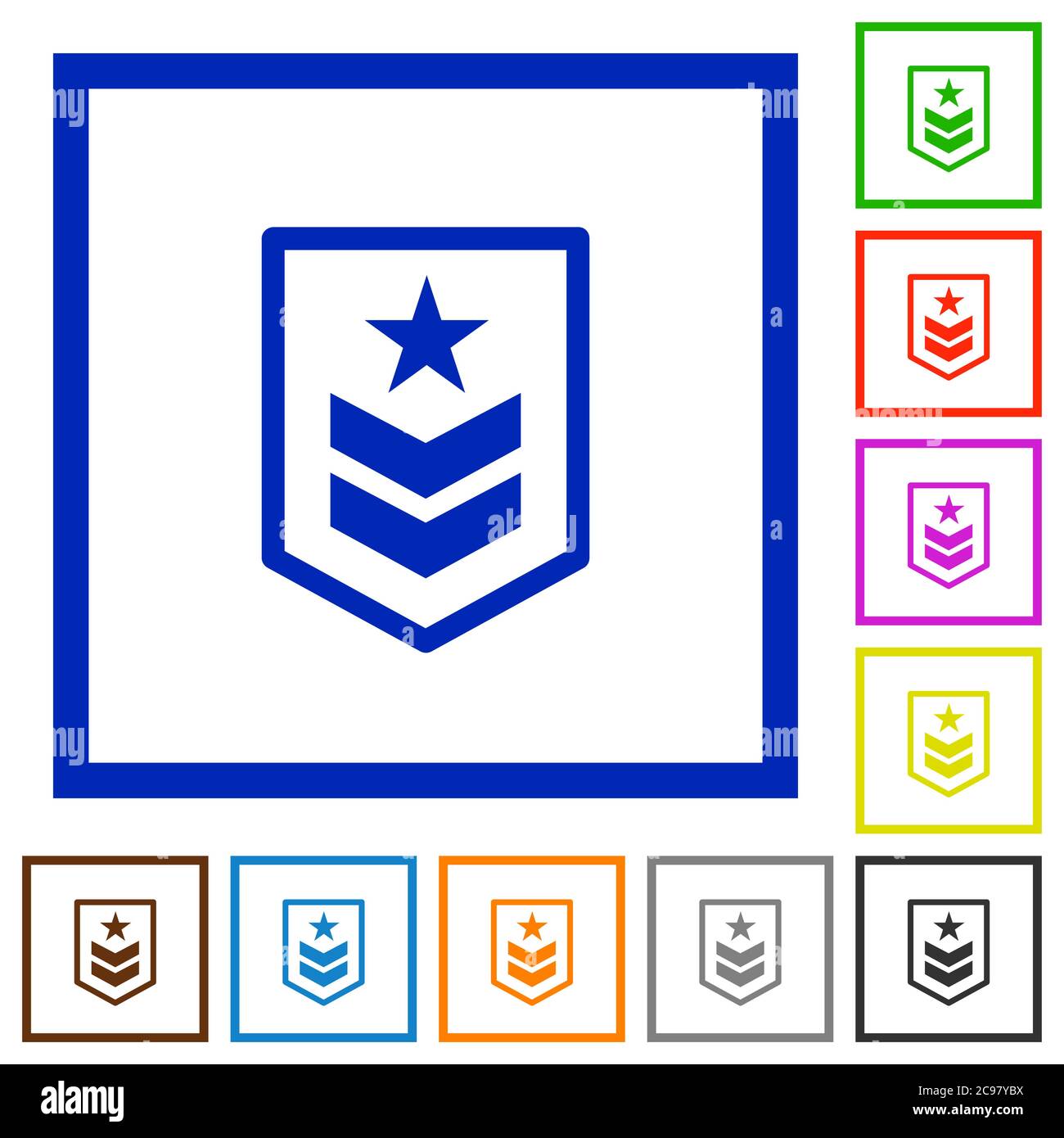 Military rank flat color icons in square frames on white background ...
