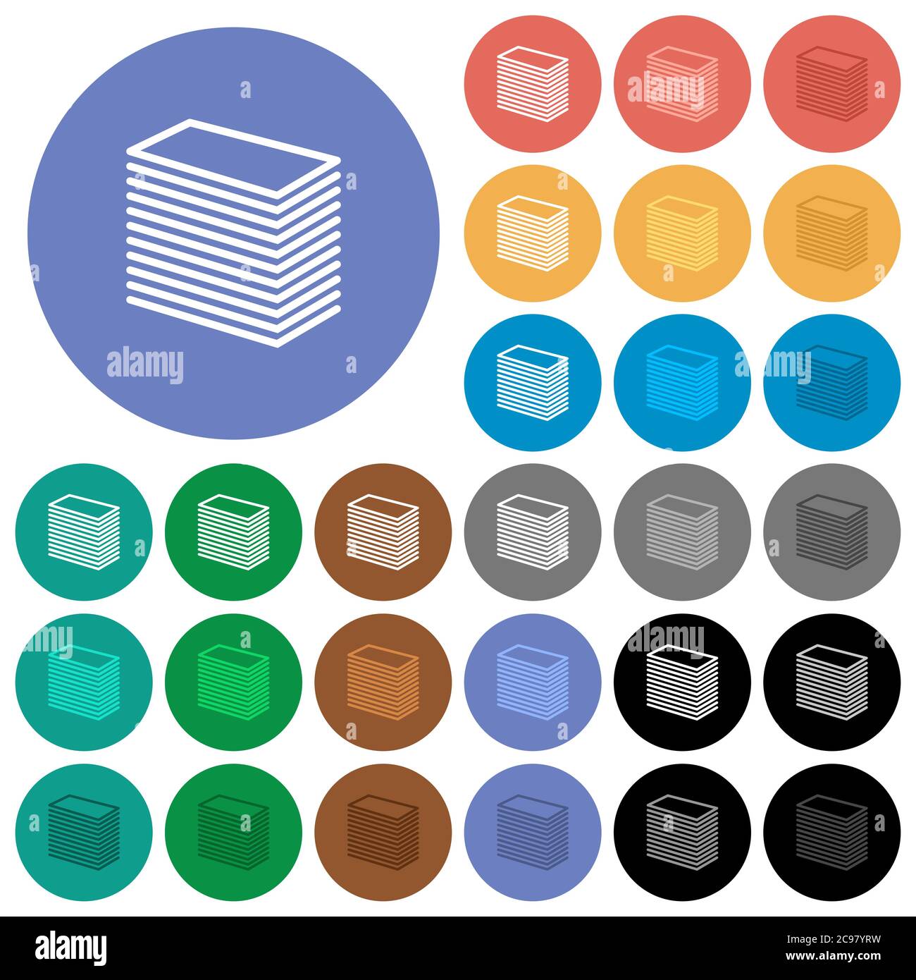 Paper stack multi colored flat icons on round backgrounds. Included ...