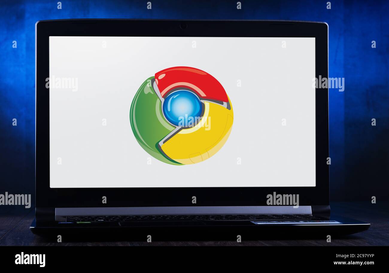 POZNAN, POL - MAY 15, 2020: Laptop computer displaying logo of Google ...