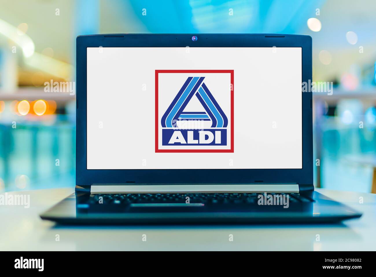 POZNAN, POL - MAY 21, 2020: Laptop computer displaying logo of Aldi ...