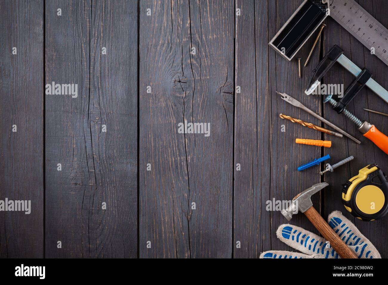 Work tool of the wizard. Tape measure, screwdriver, hammer, wrenches ...