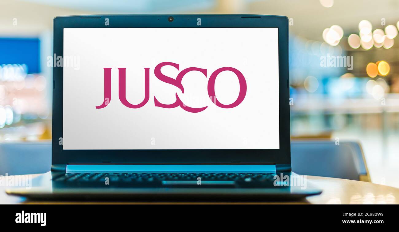 POZNAN, POL - MAY 21, 2020: Laptop computer displaying logo of JUSCO, a ...