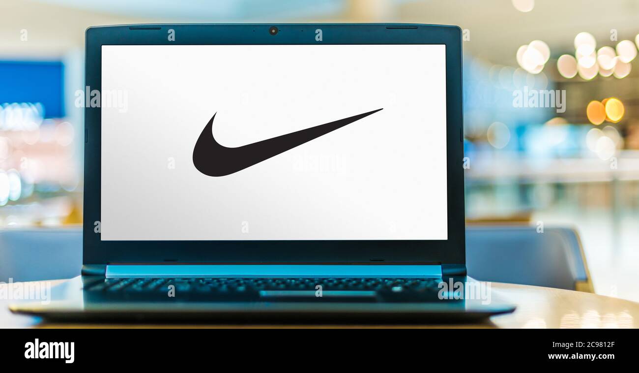 POZNAN, POL - JUN 20, 2020: Laptop computer displaying logo of Nike, an ...