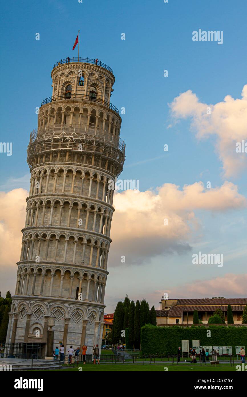 Close up isolated image of the famous Leaning tower of Pisa at sunset ...