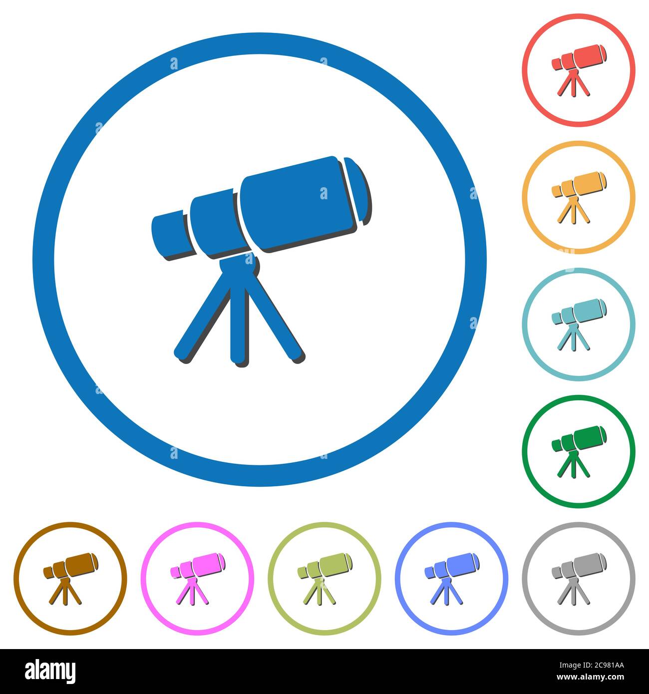 Space telescope flat color vector icons with shadows in round outlines ...