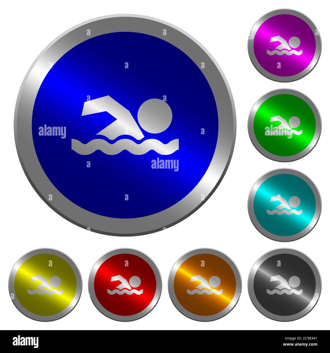 Swimming man icons on round luminous coin-like color steel buttons ...