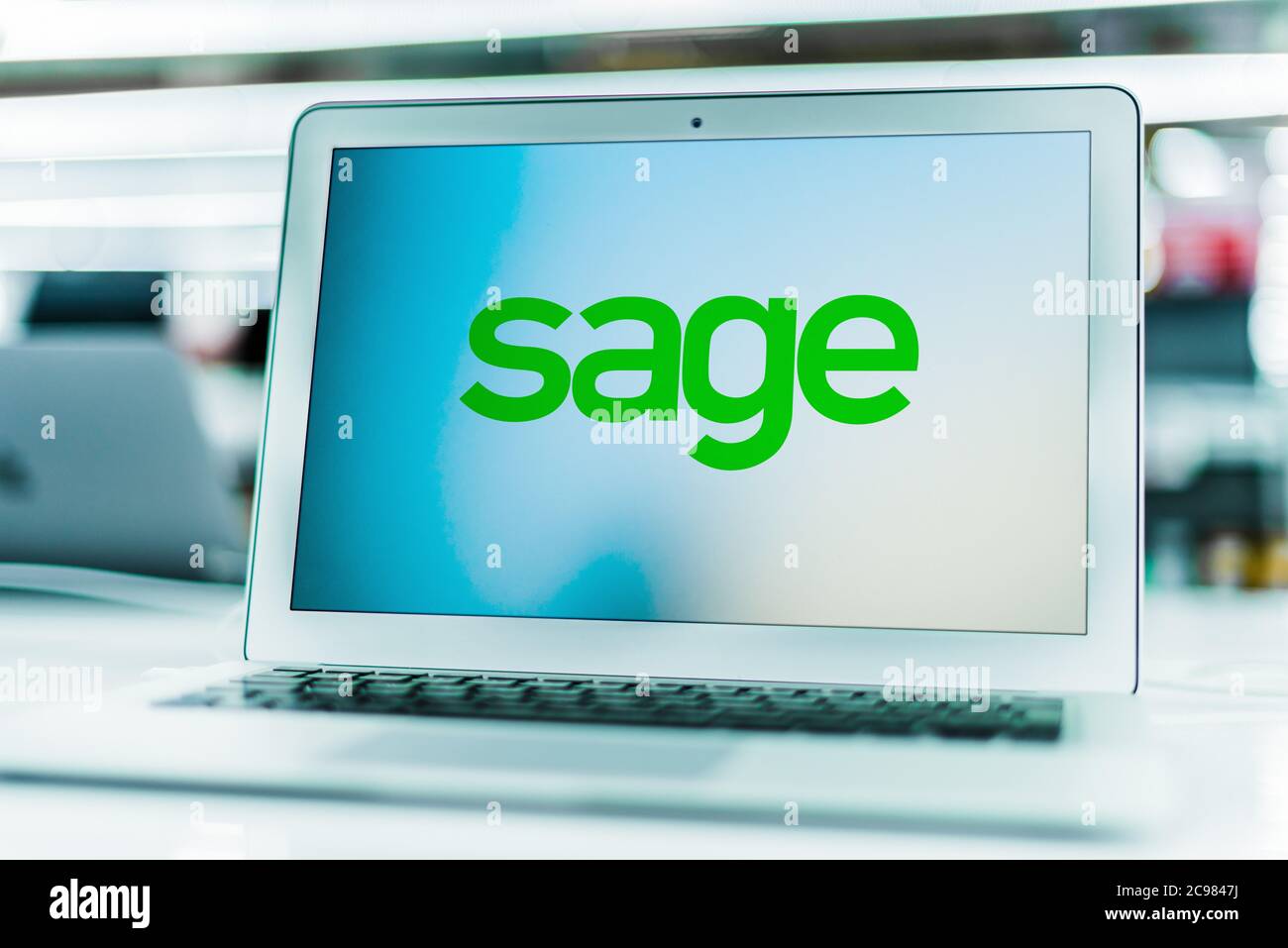 POZNAN, POL - JUN 16, 2020: Laptop computer displaying logo of Sage, a ...