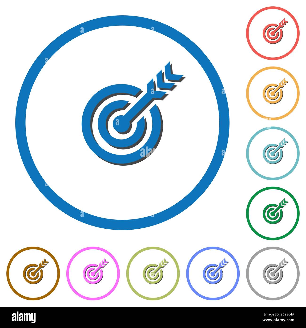 Target table with arrow flat color vector icons with shadows in round ...