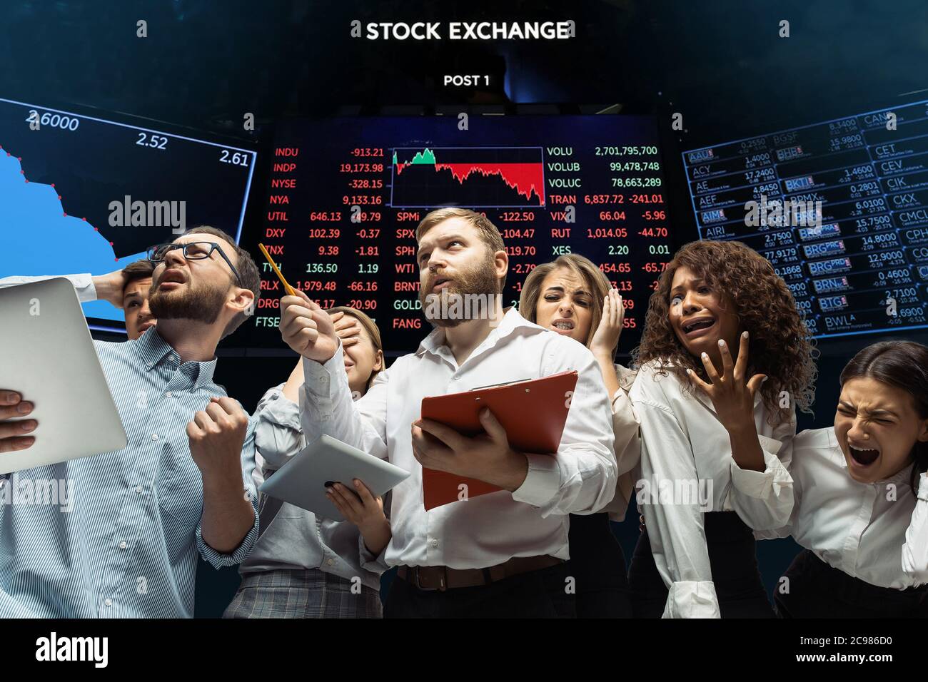 Intense. Nervous tensioned investors analyzing crisis stock market with ...