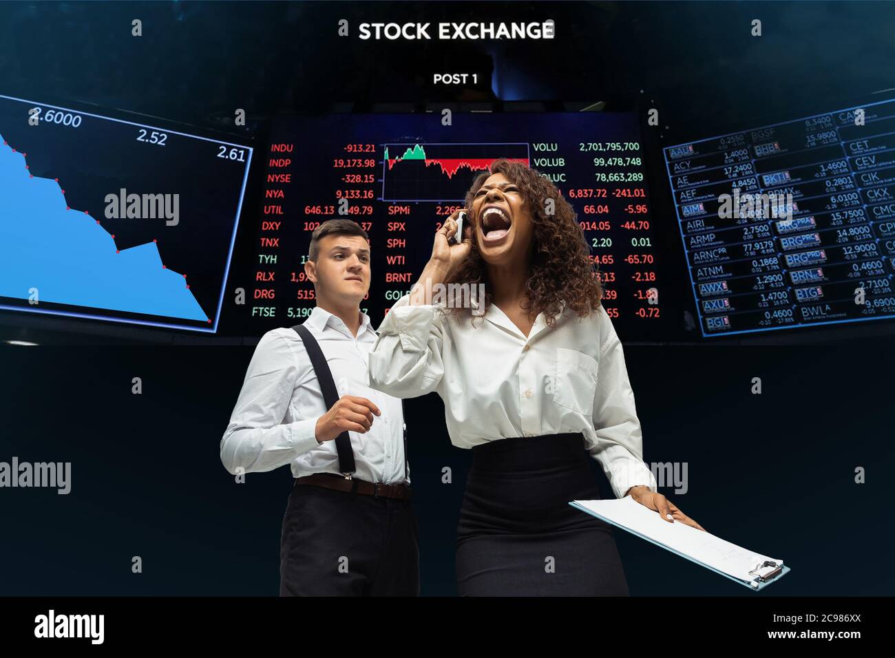 Intense. Nervous tensioned investors analyzing crisis stock market with ...