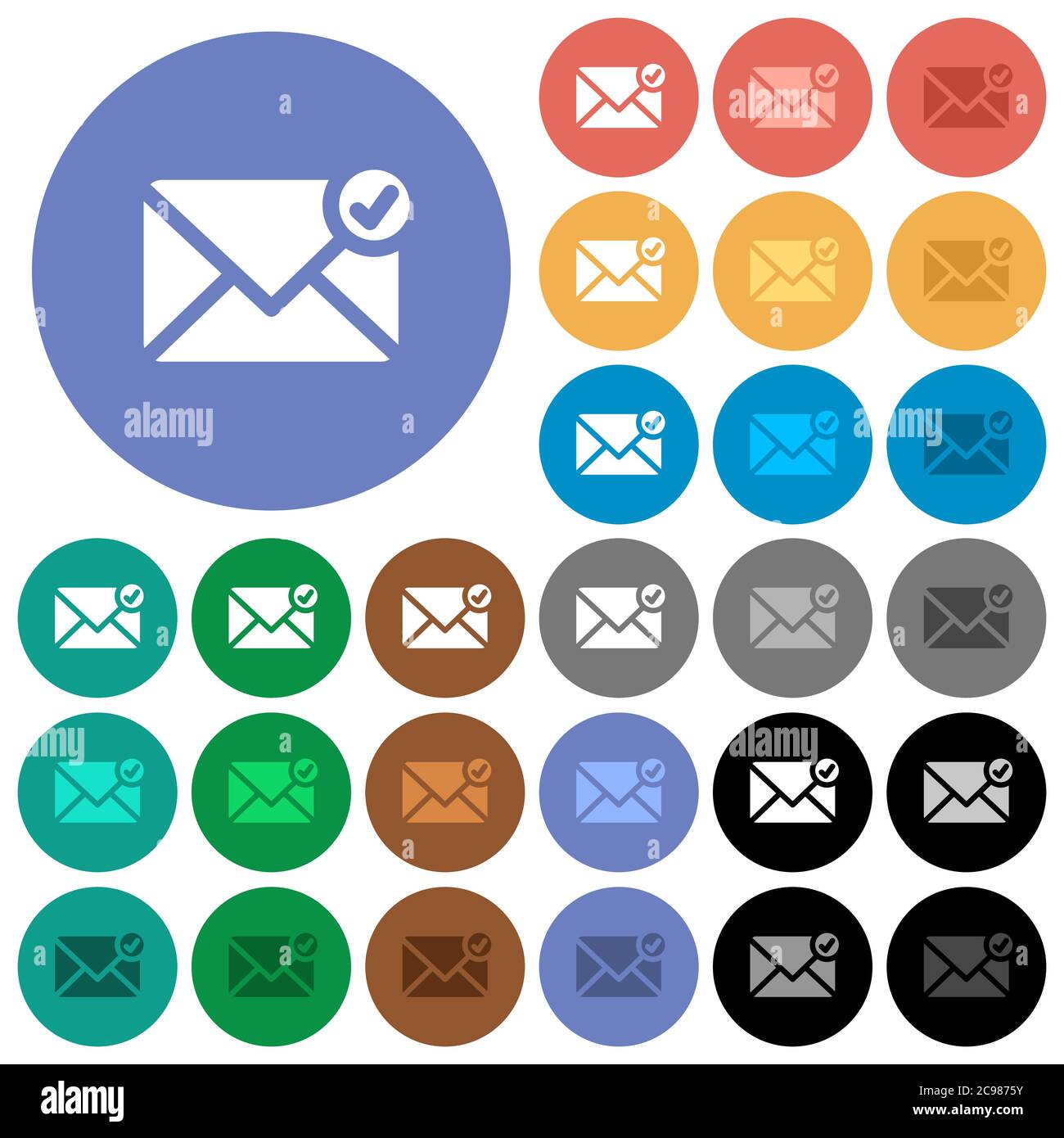 Mail sent multi colored flat icons on round backgrounds. Included white ...