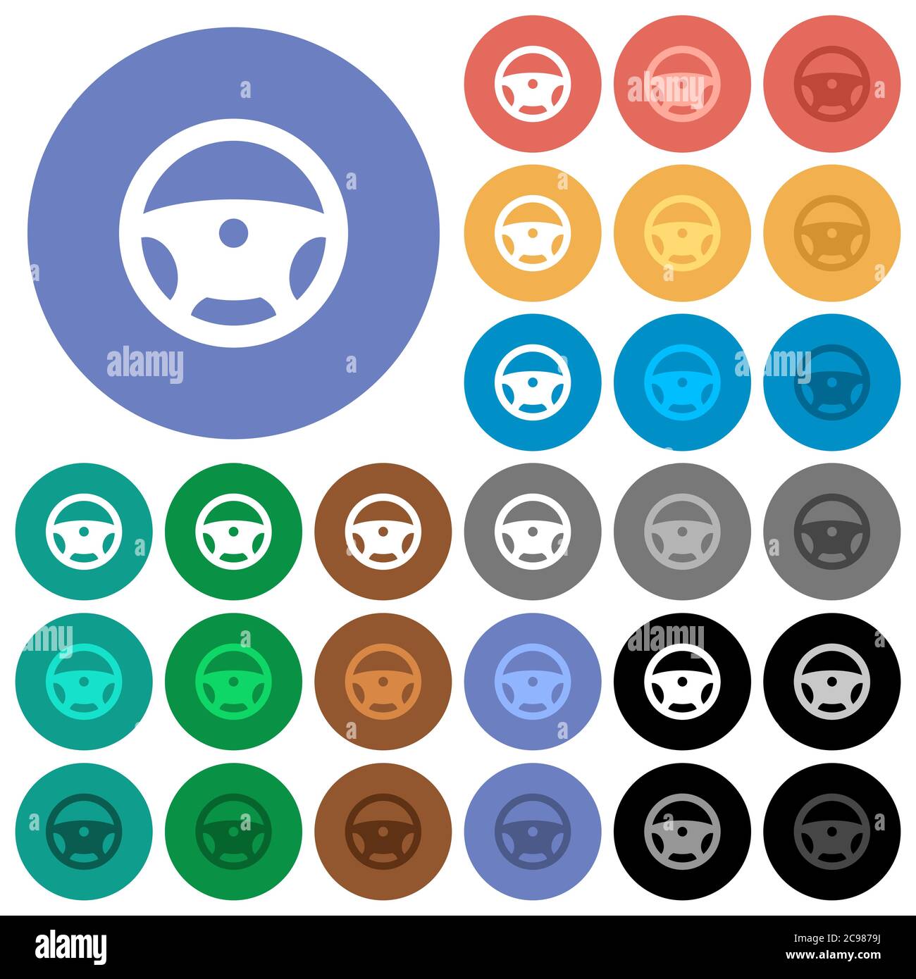 Steering wheel multi colored flat icons on round backgrounds. Included ...