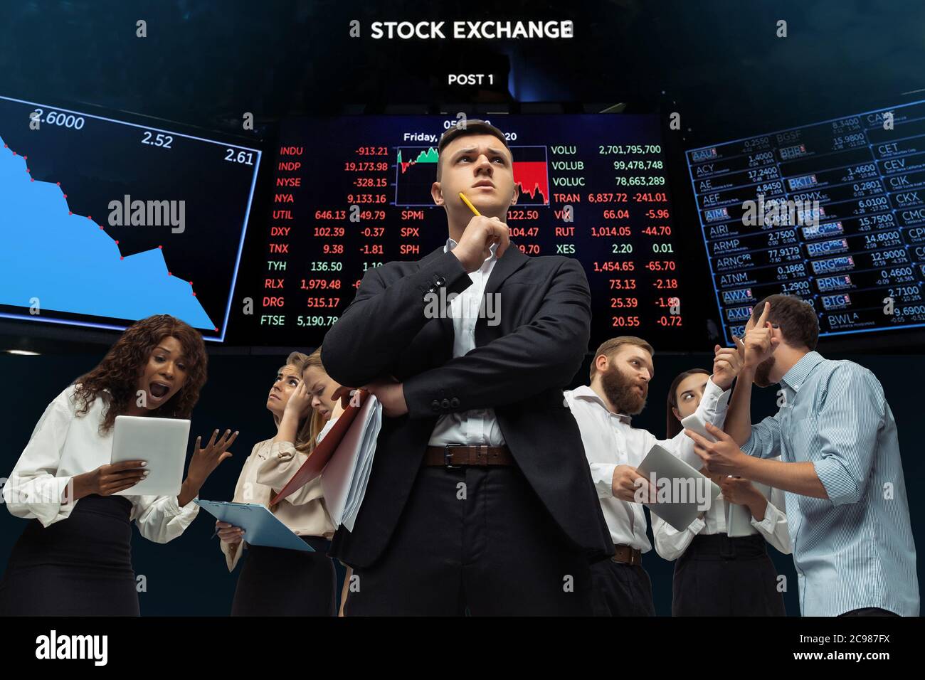 Intense. Nervous tensioned investors analyzing crisis stock market with ...