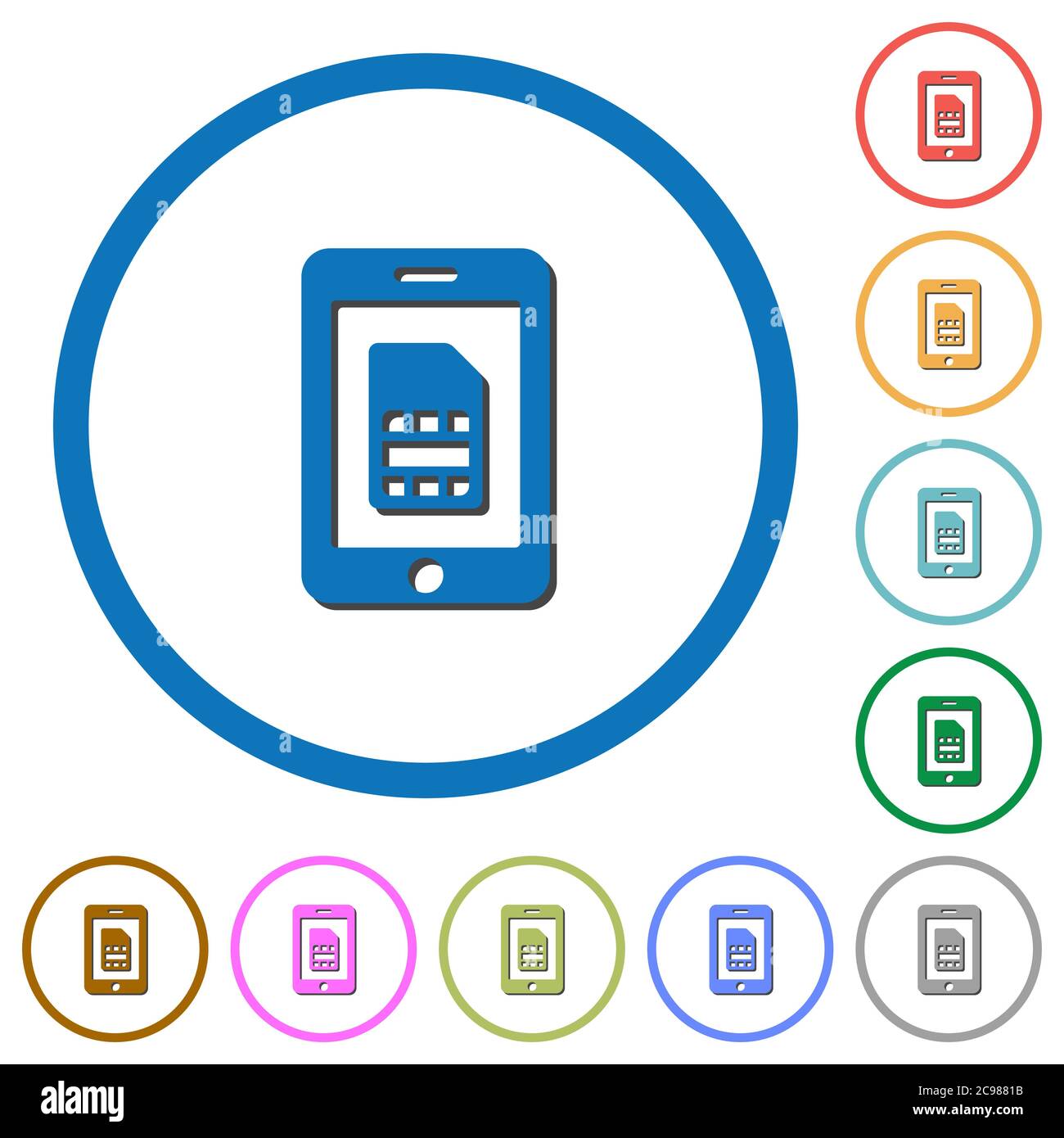 Mobile simcard flat color vector icons with shadows in round outlines on white background Stock ...