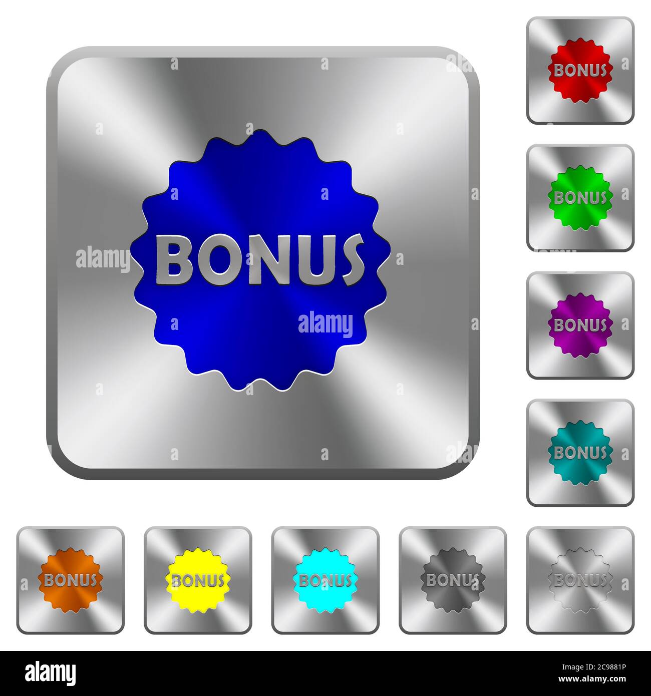 Bonus sticker engraved icons on rounded square glossy steel buttons ...