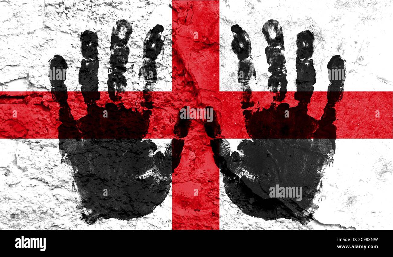 Handprints on the background of the flag of England. Freedom of choice ...
