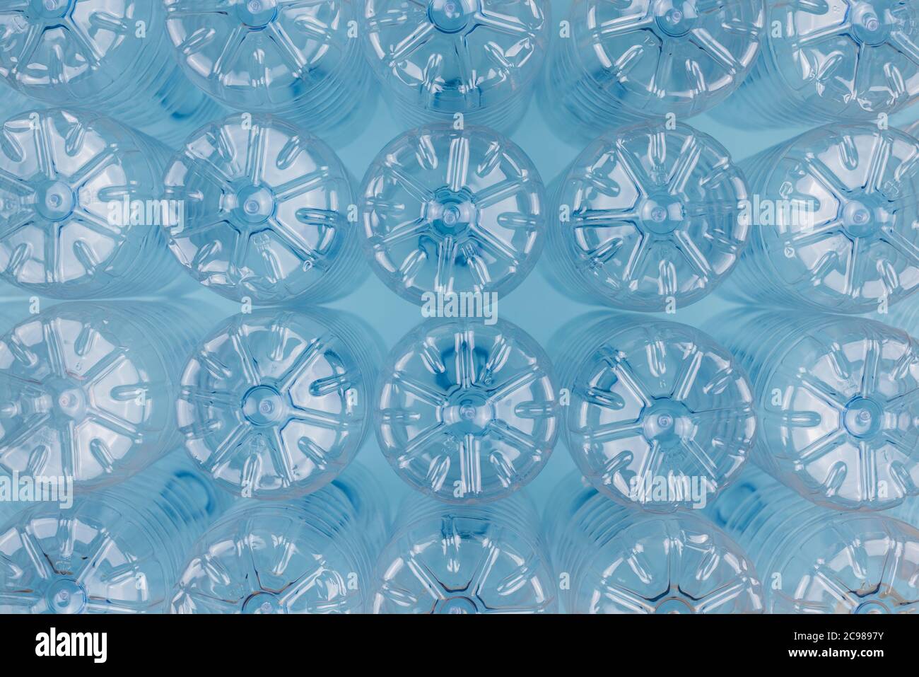 Horizontal color image with an overhead view of an empty clear plastic ...