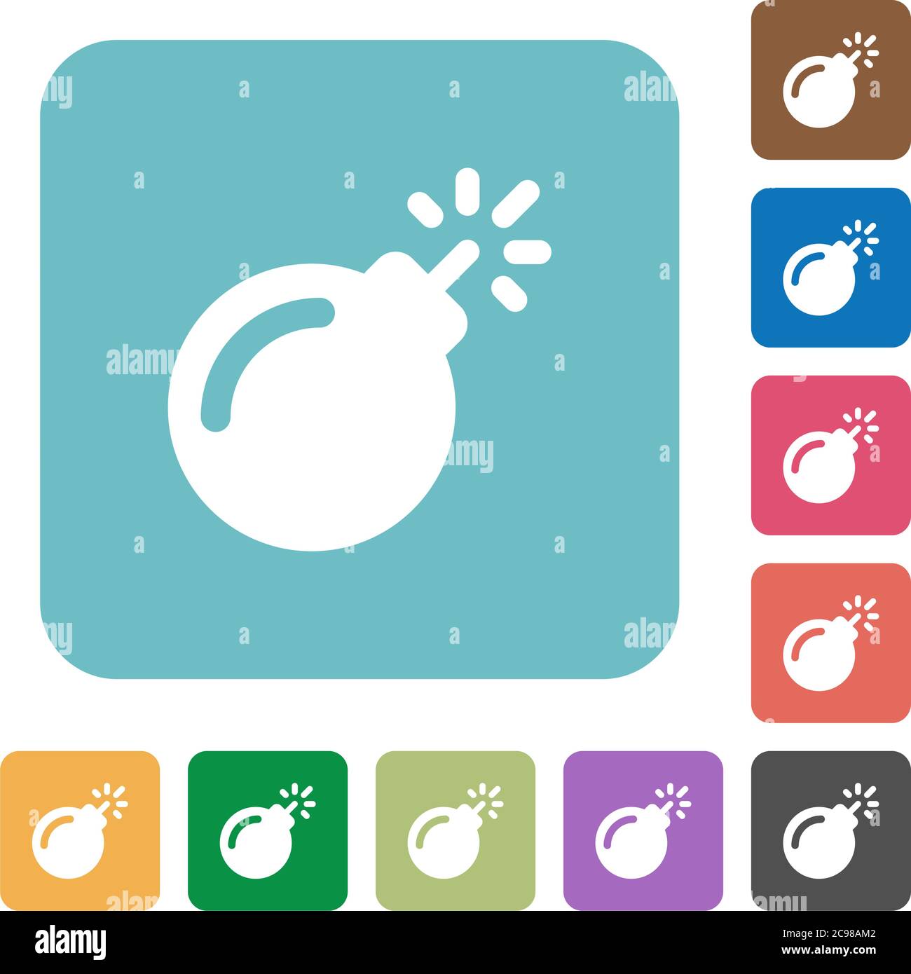 Bomb with sparkling fuse white flat icons on color rounded square ...