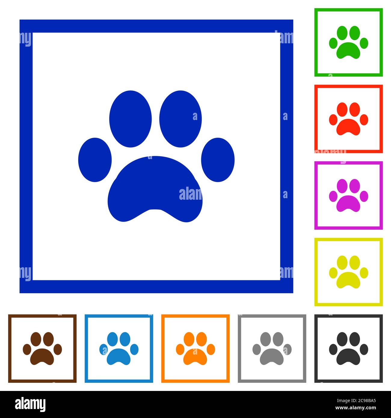 Paw prints flat color icons in square frames on white background Stock ...