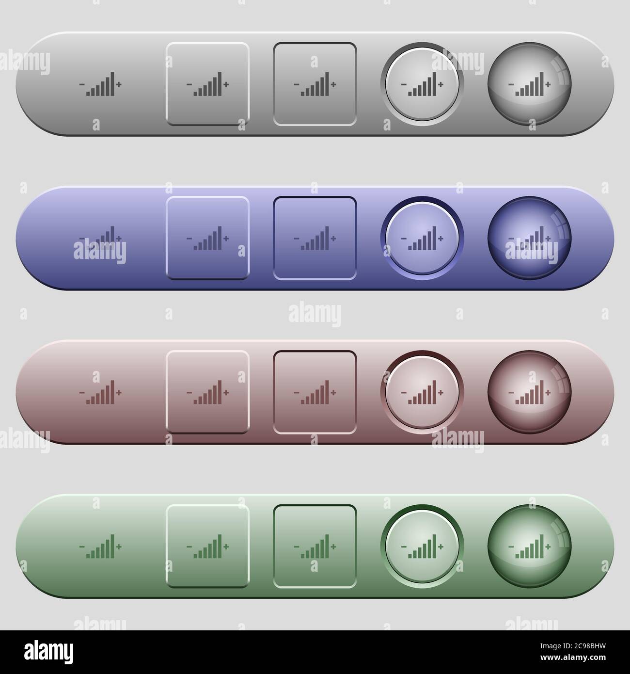 Control element icons on rounded horizontal menu bars in different colors and button styles ...