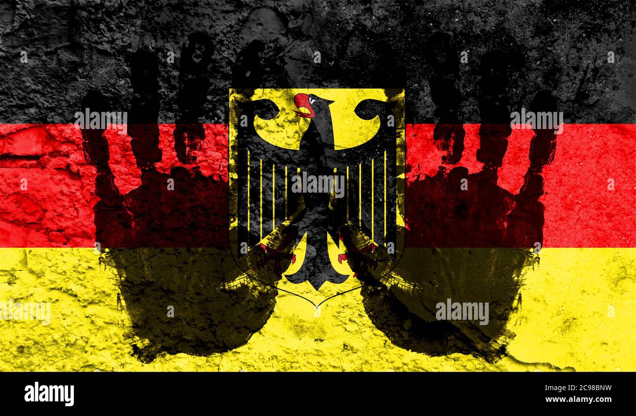 Handprints on the background of the flag of Germany. Freedom of choice ...
