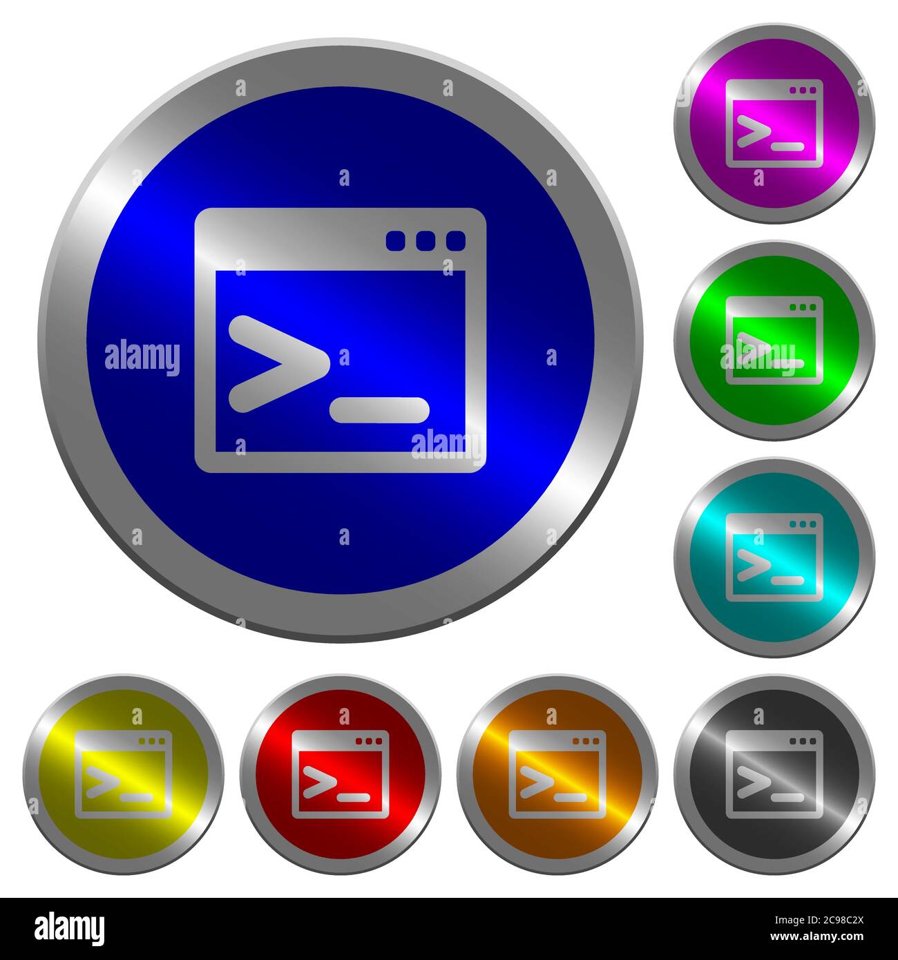 Command prompt icons on round luminous coin-like color steel buttons ...