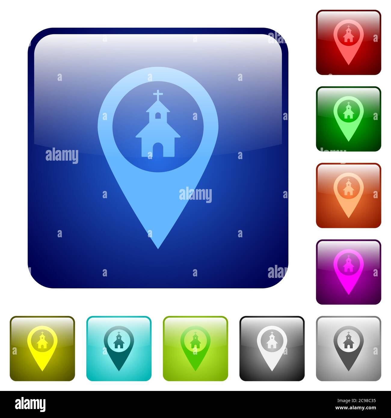 Church GPS map location icons in rounded square color glossy button set ...